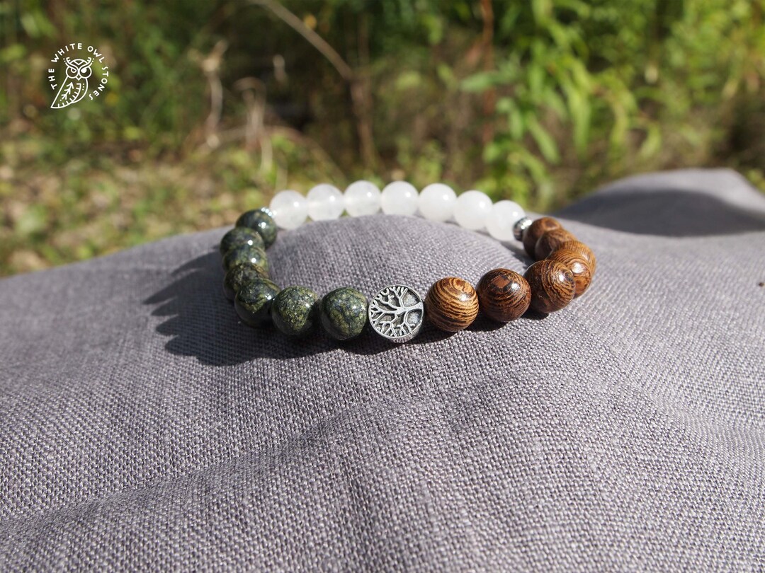 SERPENTINE Snake Stone Quartz Crystal Sandalwood Bracelet With Tree of ...