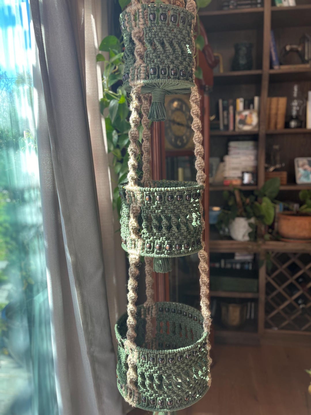 Three Tiere Macrame Basket Plant Hanger, Green Macrame Plant Hanger ...