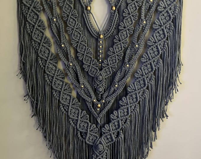 Gray Macrame Wall Hanging With Gold Tone Beads, Boho Gray Macrame, Dark ...