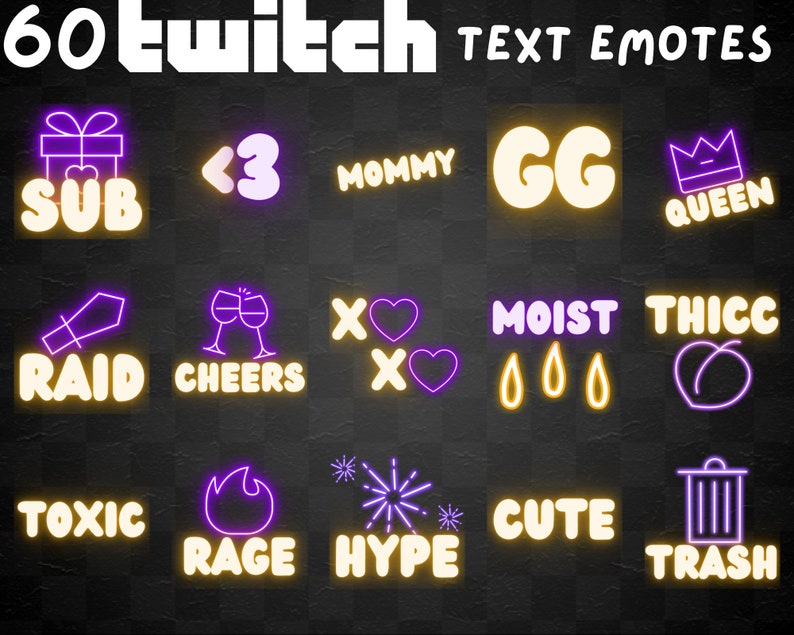 60 Neon Twitch Emotes: Purple & Orange Text (digital Download) - Etsy