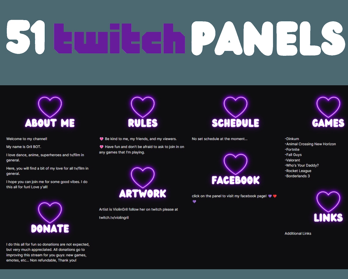Neon Purple Twitch Panels 51 Twitch Panels Simple Heart - Etsy