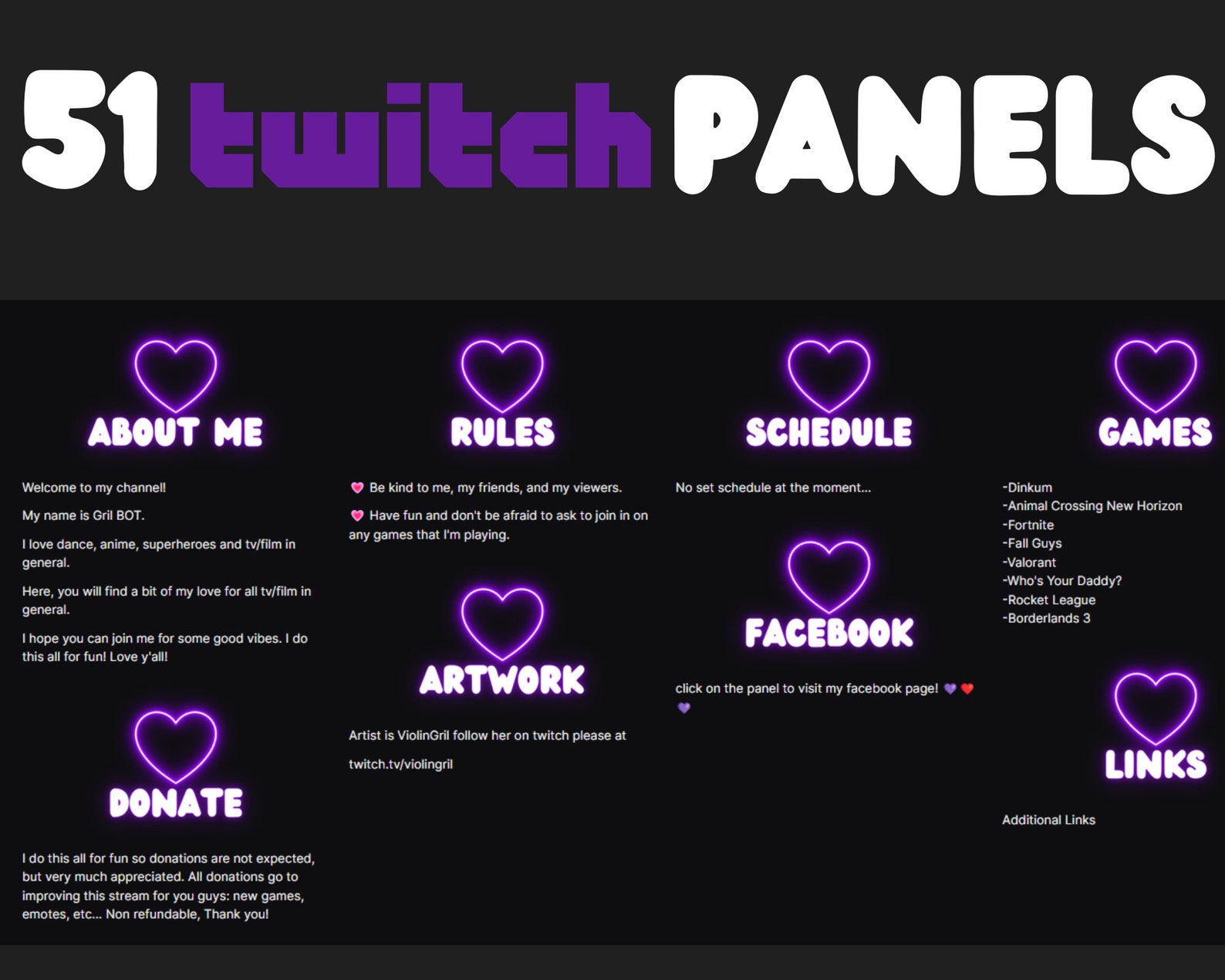 Neon Purple Twitch Panels | 51 Twitch Panels | Simple Heart Panels - Etsy