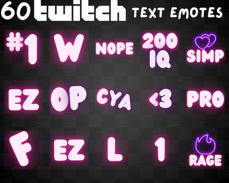 60 Neon Twitch Emotes: Pink & Purple Text Emotes (digital Download ...