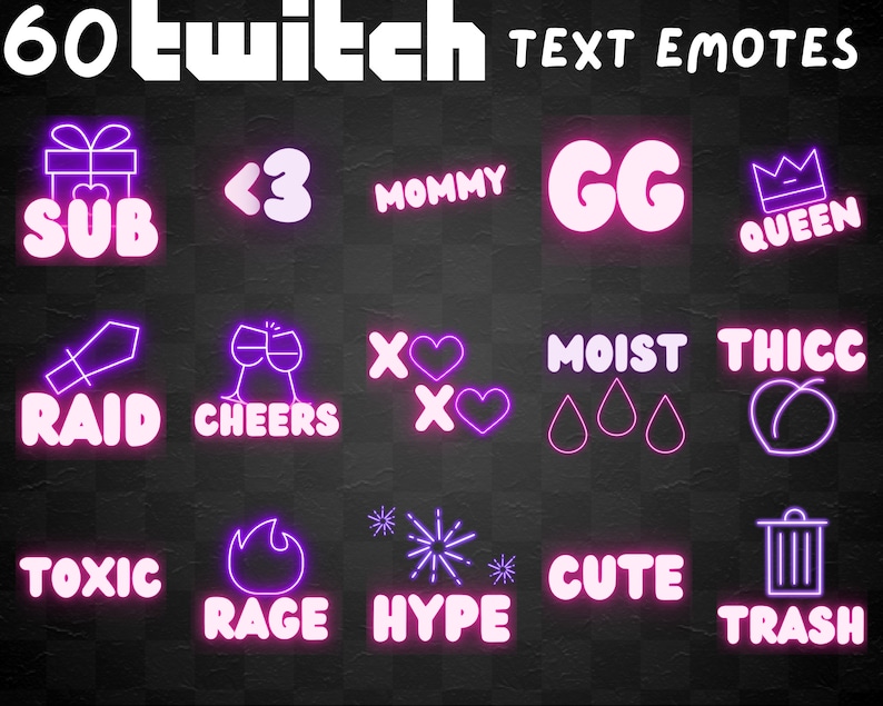 60 Neon Twitch Emotes: Pink & Purple Text Emotes (digital Download) - Etsy