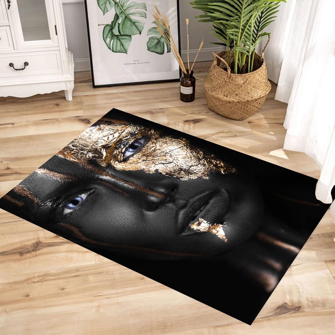 Black American Women Rug, Golden African Women Rug, Art Rug, Golden Art ...