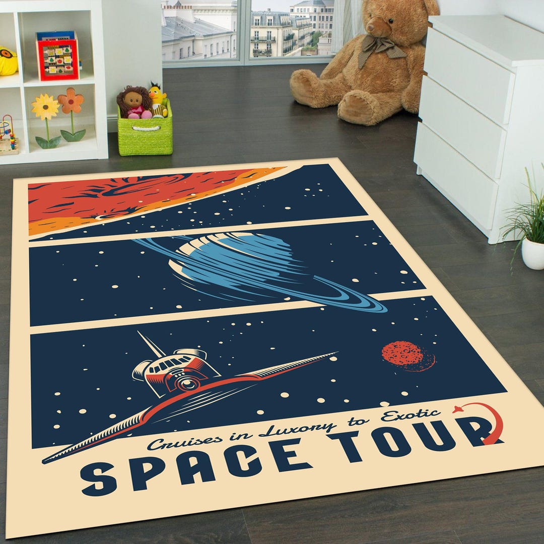 Space Tour Rug, , Space Themed Rug, Cosmic Design Rug, Retro Style Rug ...