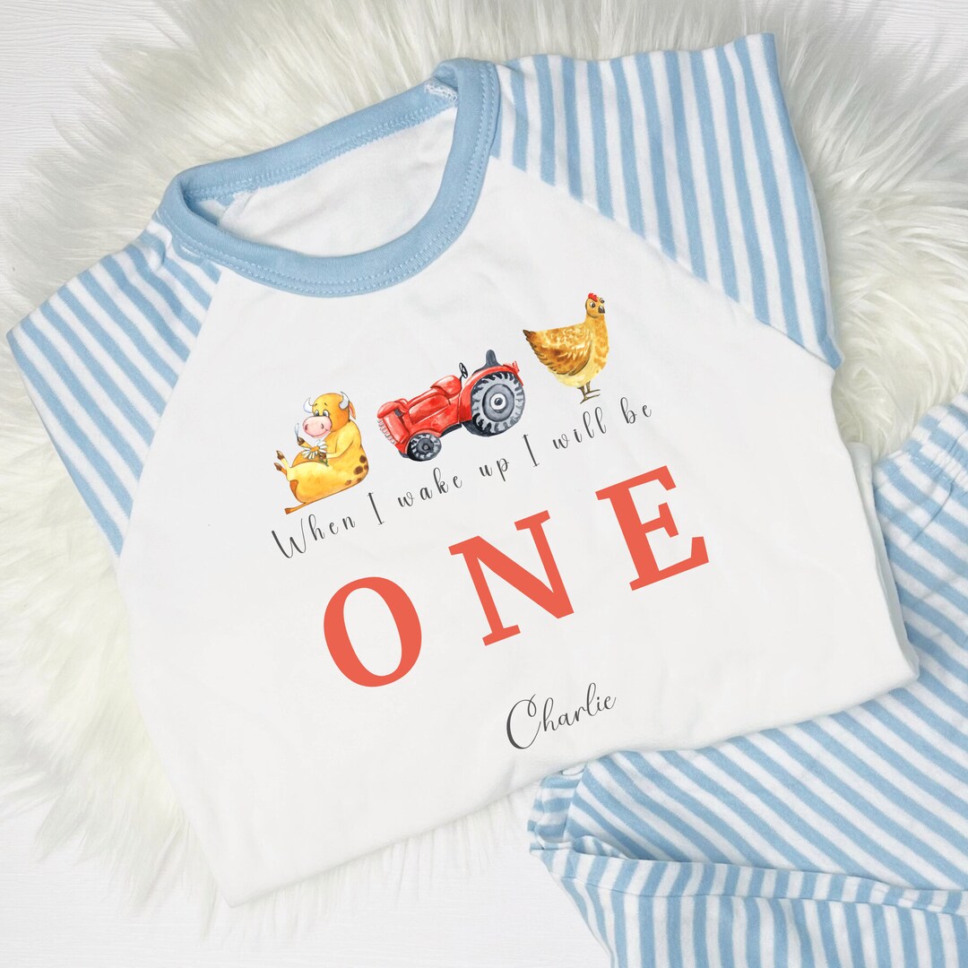 Boys Farm Themed When I Wake up I Will Be Blue Striped Birthday Pyjamas ...