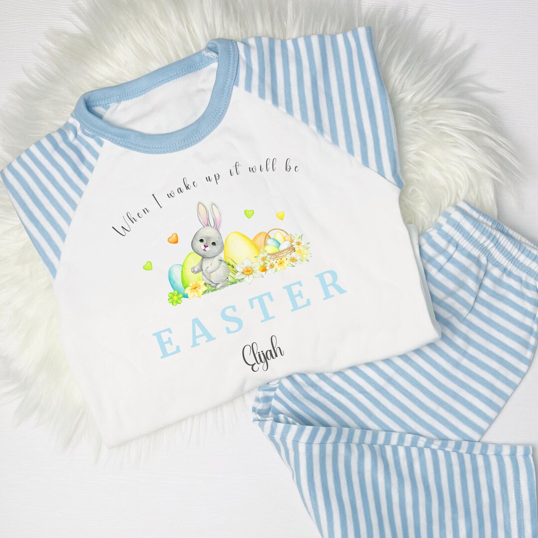 Boys When I Wake up It Will Be Easter Blue Striped Easter Bunny and ...