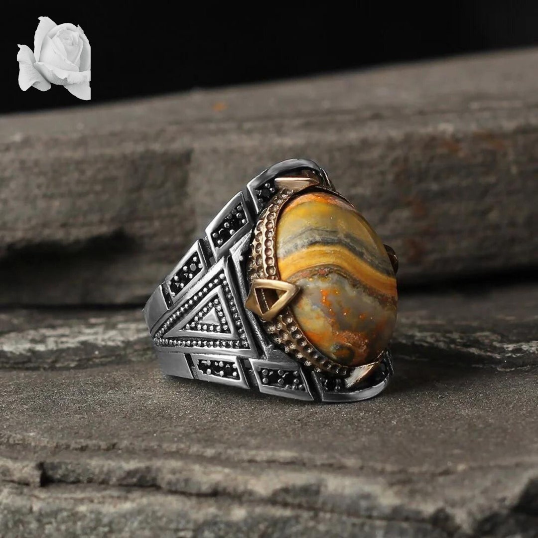 Silver Wood Jasper Men Ring, Jasper Gemstone Men Jewelry, Vintage ...