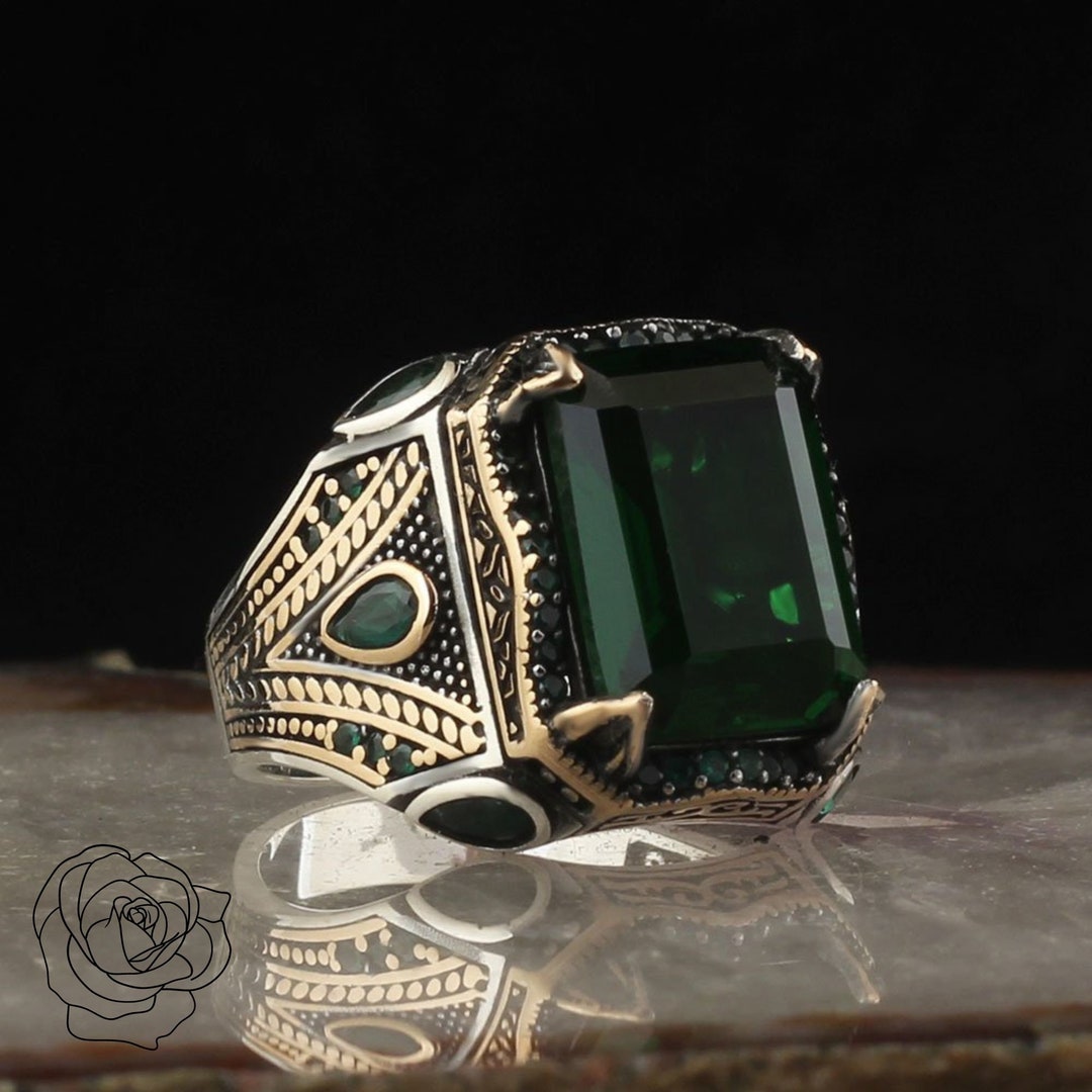 925K Silver Green Zircon Ring, Handmade Zircon Stone Men Ring, Sterling ...