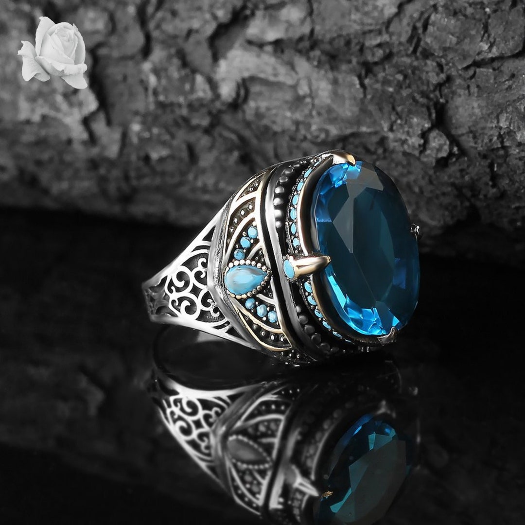 Silver Blue Topaz Men Ring, Sterling Silver Mans Ring, Blue Topaz ...