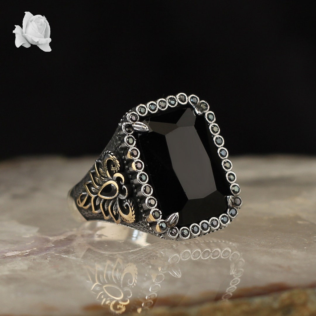 925 Silver Zircon Ring, Black Zircon Mens Ring, Vintage Silver Jewelry ...