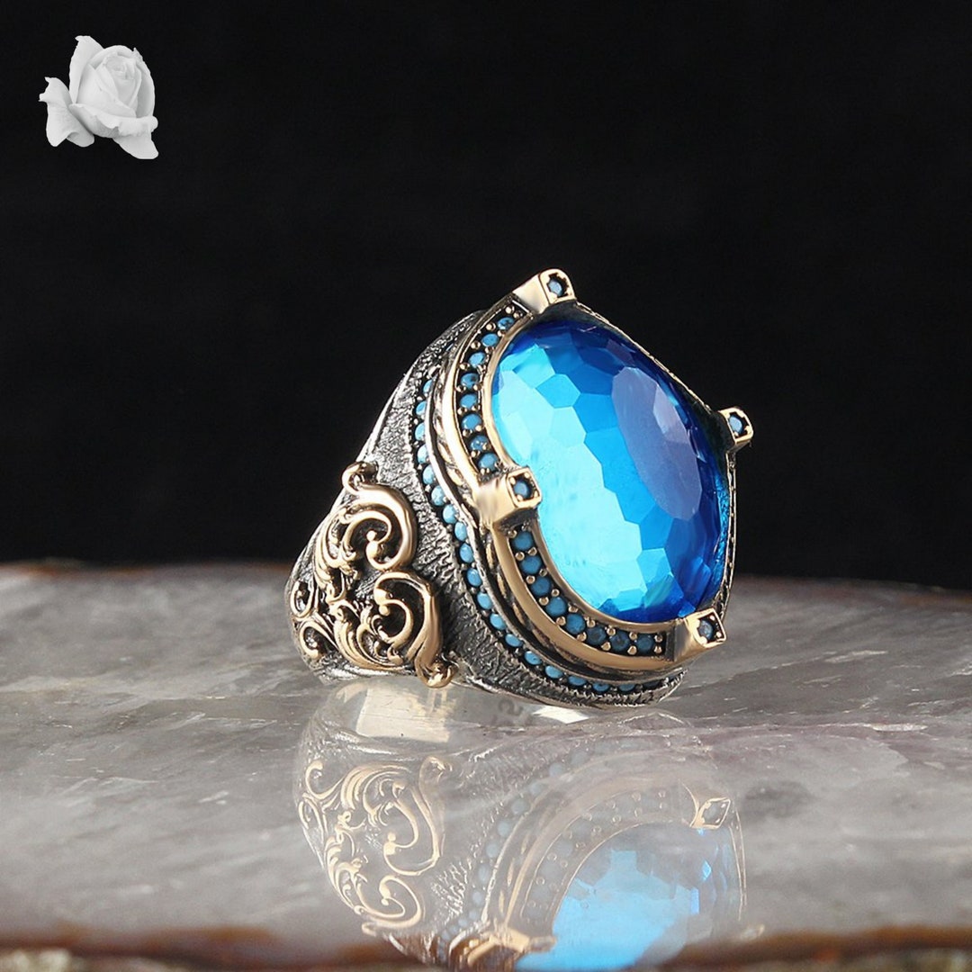 Silver Aquamarine Stone Men Ring Gemstone Men Ring Engraved - Etsy