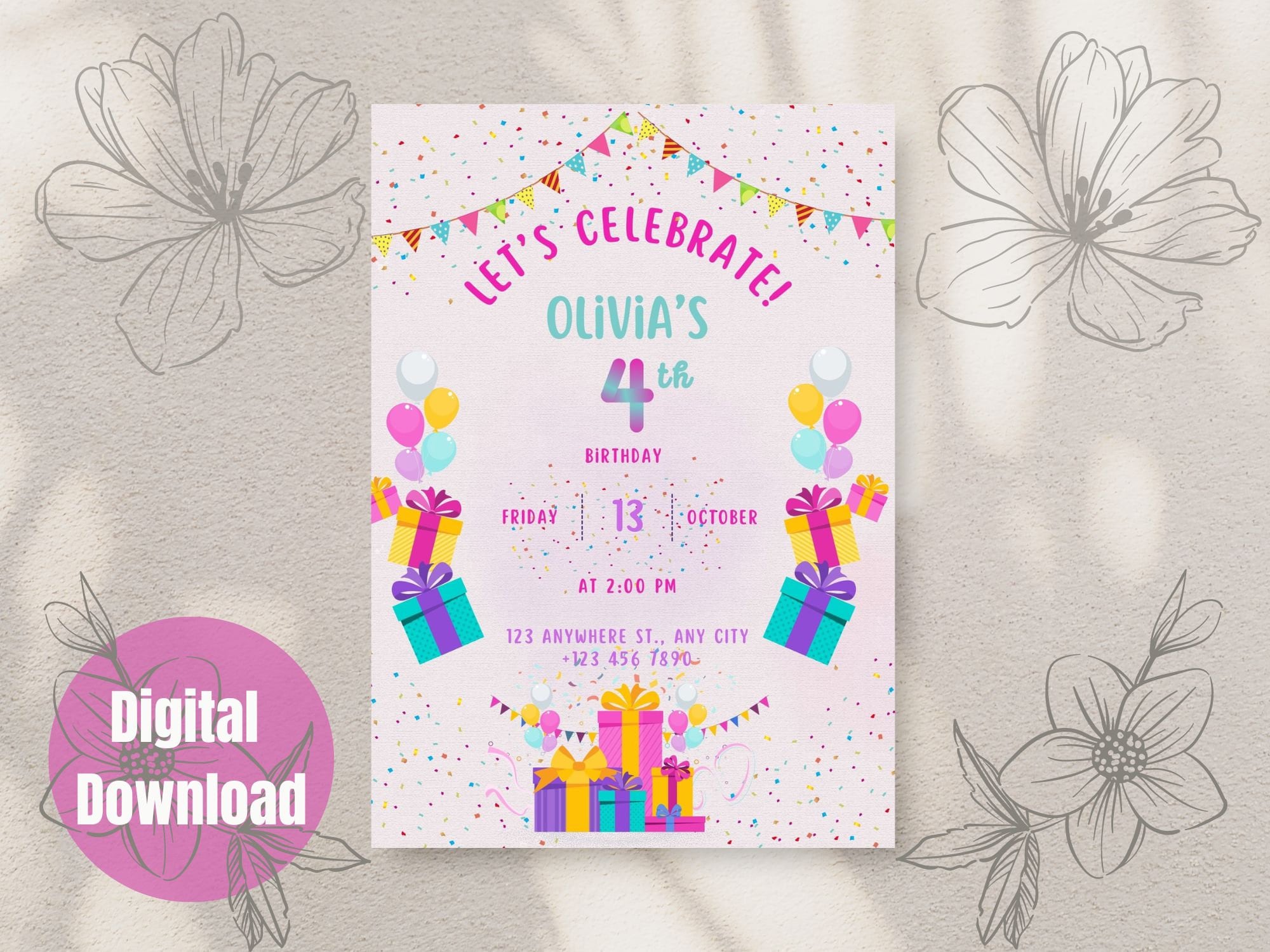 You're Invited| Cute Birthday Invitation| Presents and Balloons ...