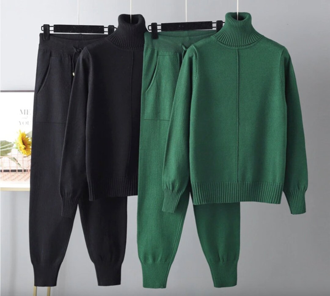 New 2 Pieces Set Women Knitted Tracksuit Turtleneck Sweater Jogging ...