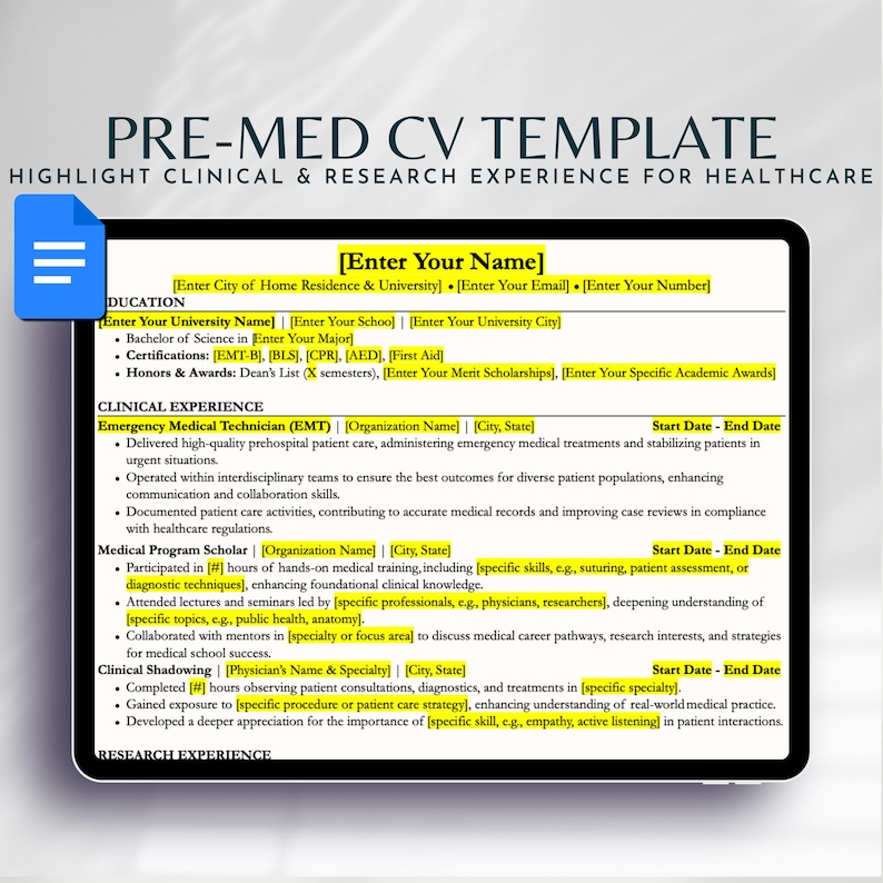 Pre-med STEM Student Resume Template Minimalist CV Medical Program ...
