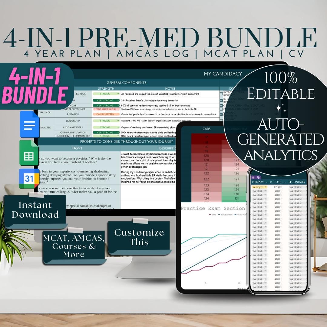 Pre-med 4-in-1 Bundle MCAT Prep System, AMCAS Application Planner Guide ...