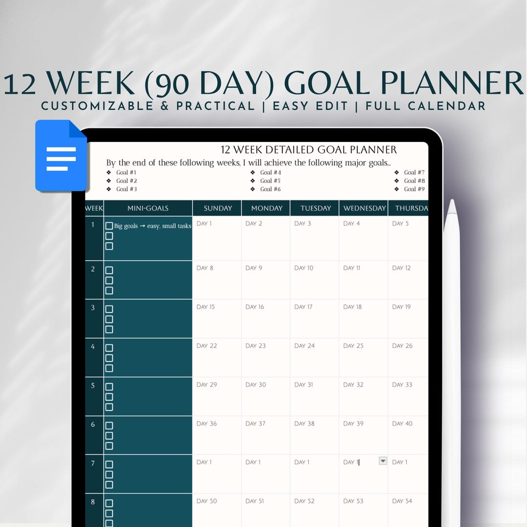 Interactive 12-week (90-day) Undated Goal Planner Weekly Organizer ...