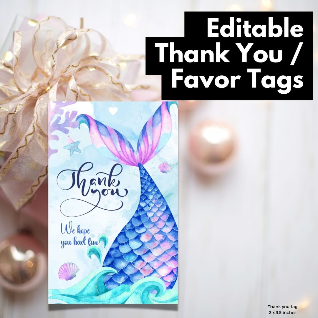 Editable Mermaid Birthday Thank You Tag Template Glitter Birthday Party ...