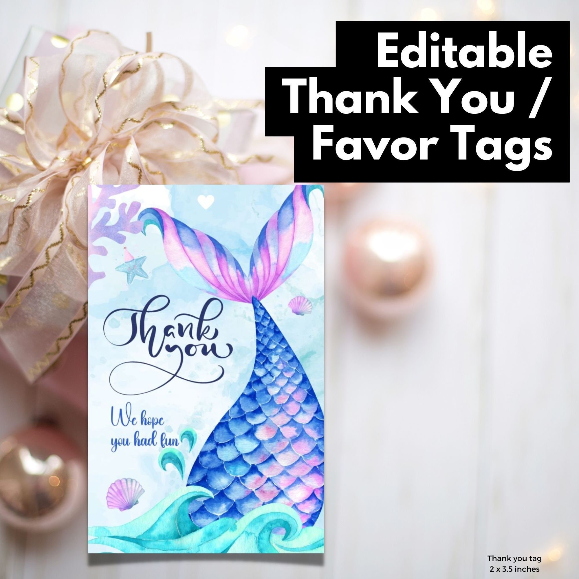 Editable Mermaid Birthday Thank You Tag Template Glitter Birthday Party ...