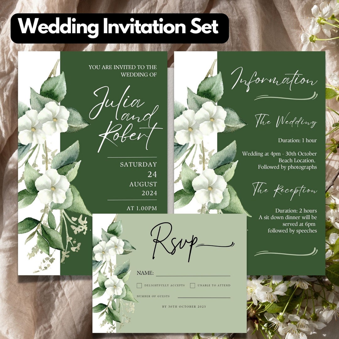 Green Rustic Wedding Invitation Elegant Style Wedding Set Printable ...