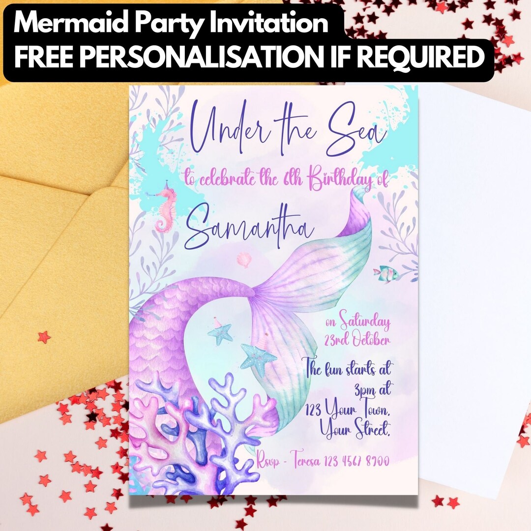 Editable Mermaid Birthday Invitation Template Glitter Birthday Party ...