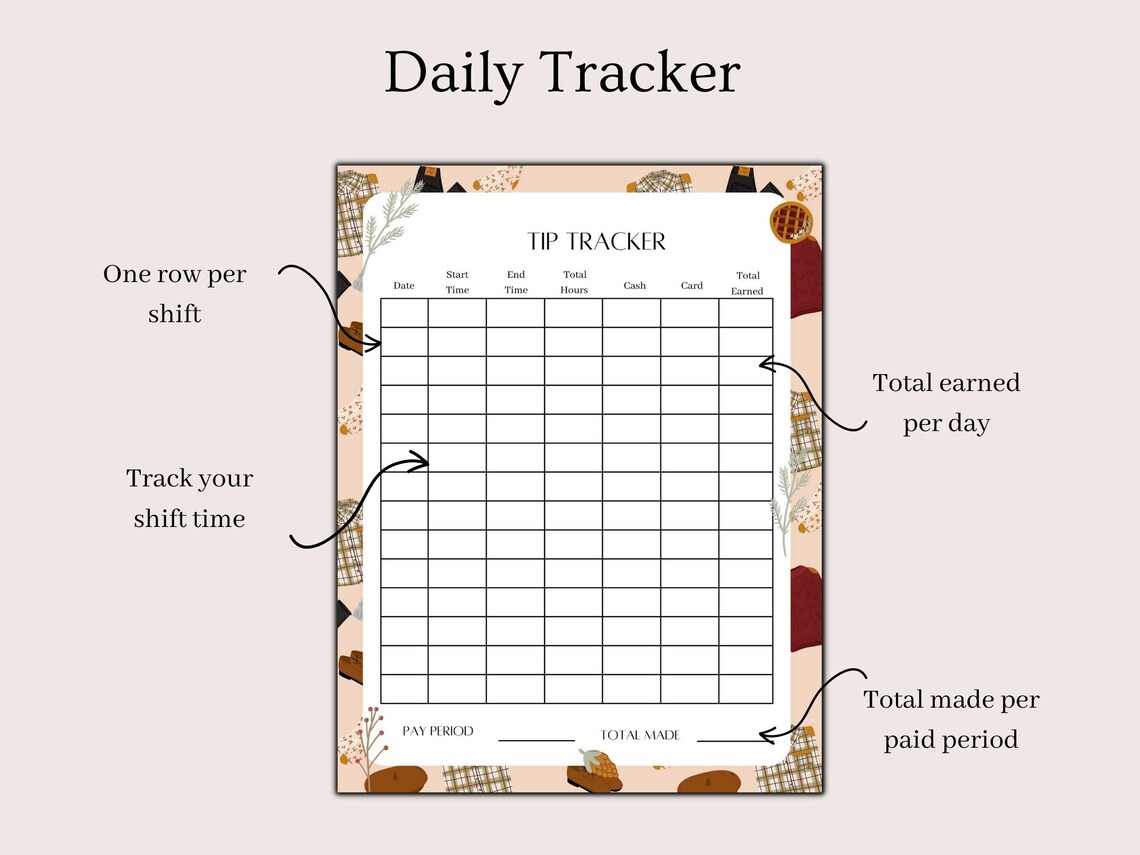Digital Download Tip Tracker, Tip Tracker PDF for Waitress, Monthly Tip ...
