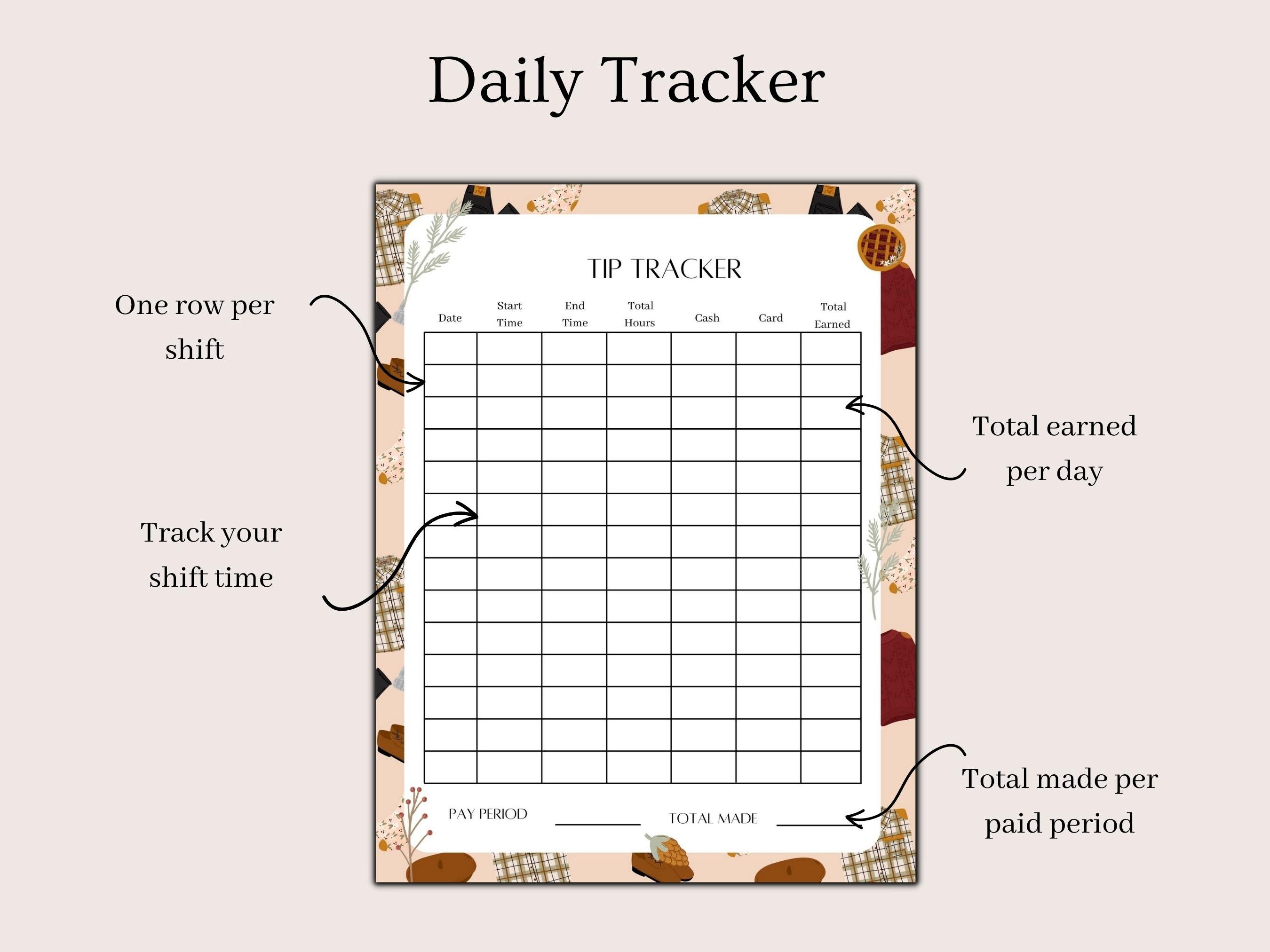 Digital Download Tip Tracker, Tip Tracker PDF for Waitress, Monthly Tip ...