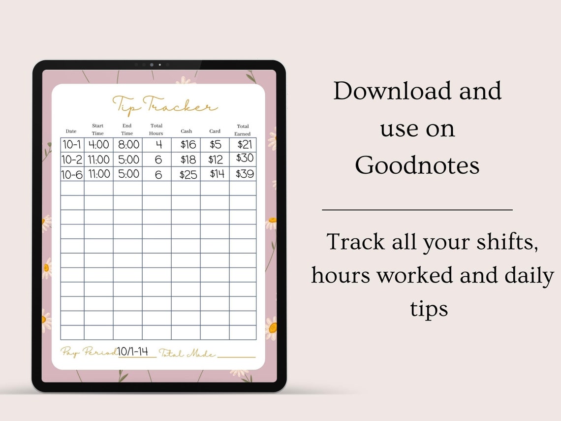 Digital Download Tip Tracker, Tip Tracker PDF for Waitress, Monthly Tip ...