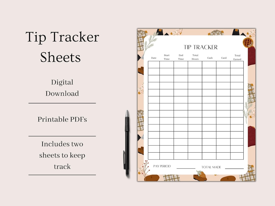 Digital Download Tip Tracker, Tip Tracker PDF for Waitress, Monthly Tip ...