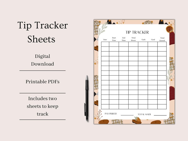 Digital Download Tip Tracker, Tip Tracker PDF for Waitress, Monthly Tip ...