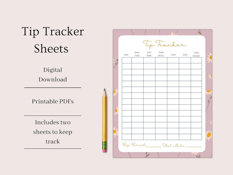 Digital Download Tip Tracker, Tip Tracker PDF for Waitress, Monthly Tip ...