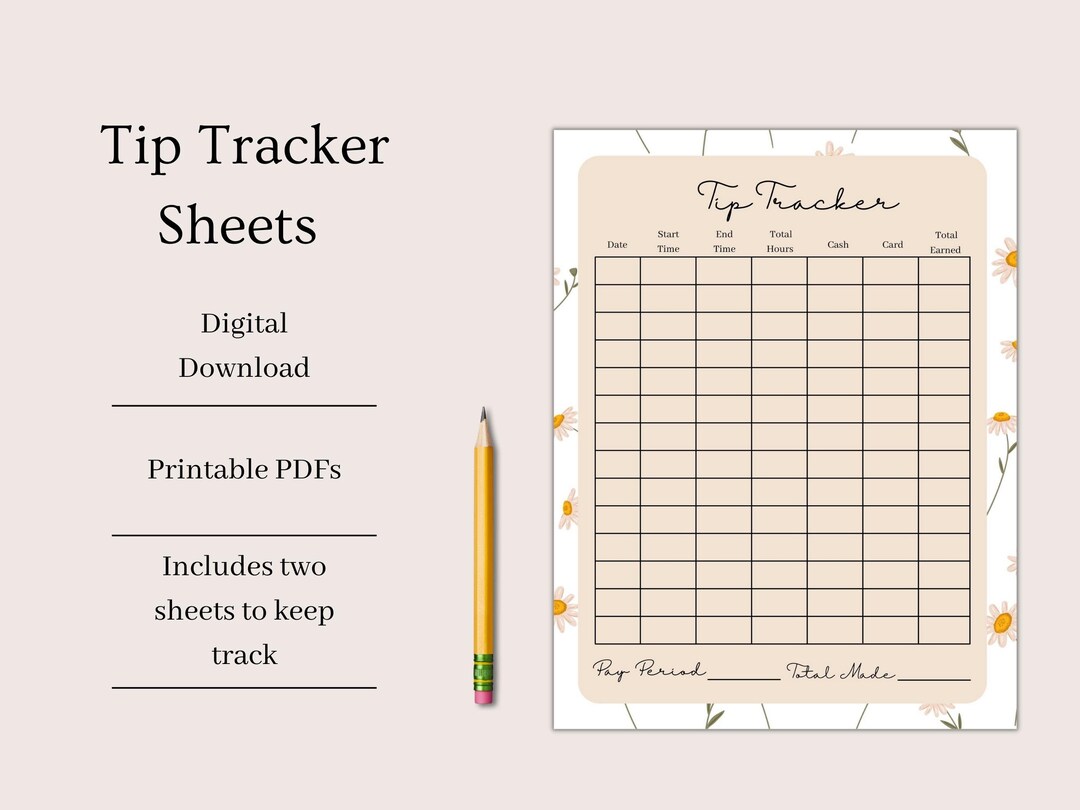 Digital Download Tip Tracker, Tip Tracker PDF for Waitress, Monthly Tip ...