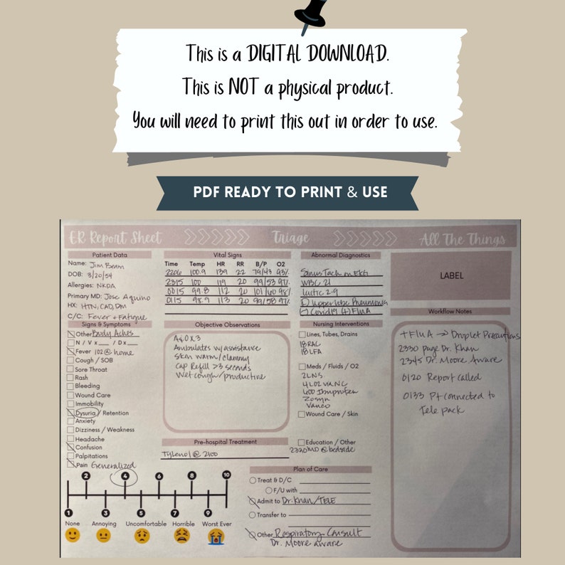 ER Nurse Report Sheet - Easy Triage Template - Digital Download PDF ...