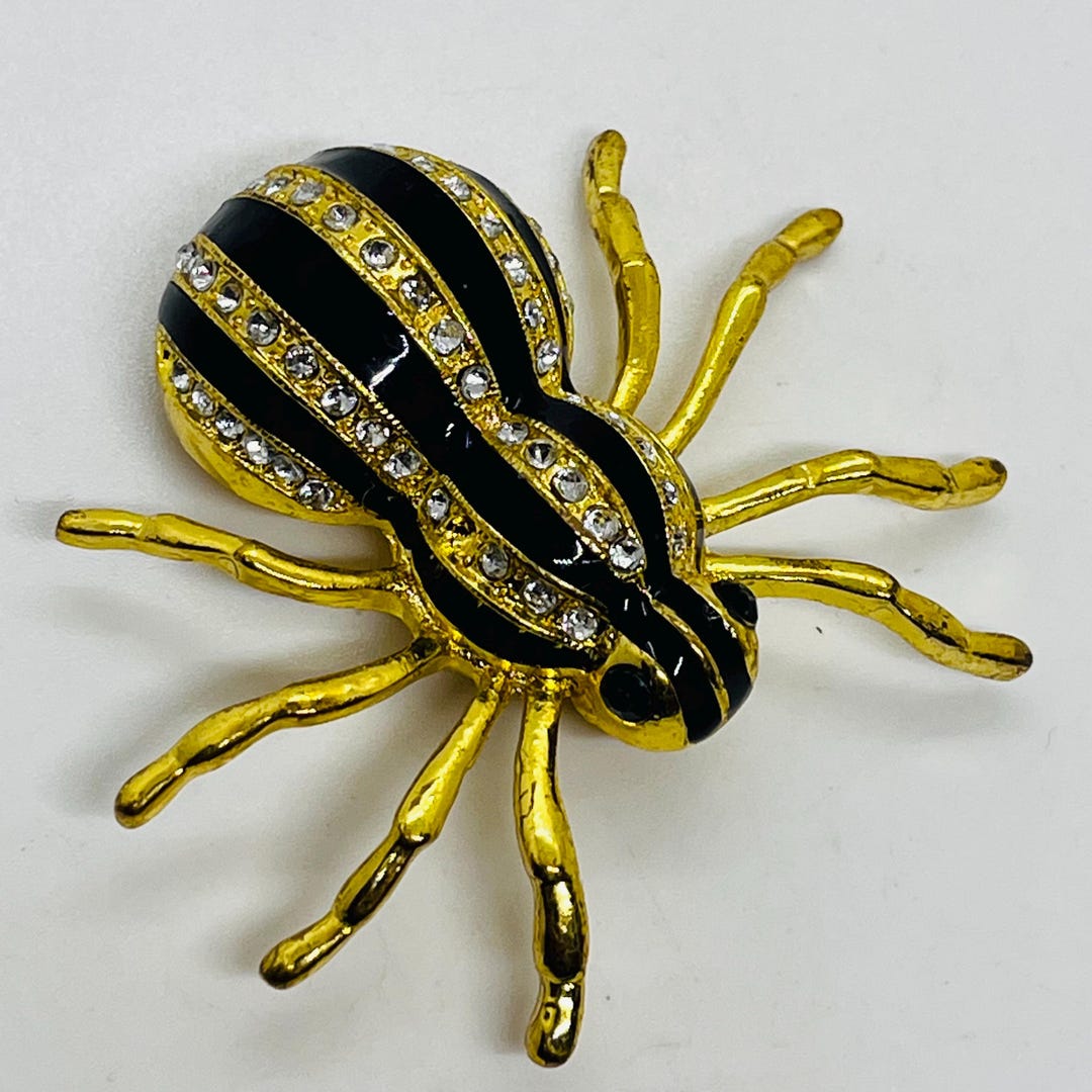 Striking Large Vintage Gold Tone Black Enamel + Imitation Diamond ...