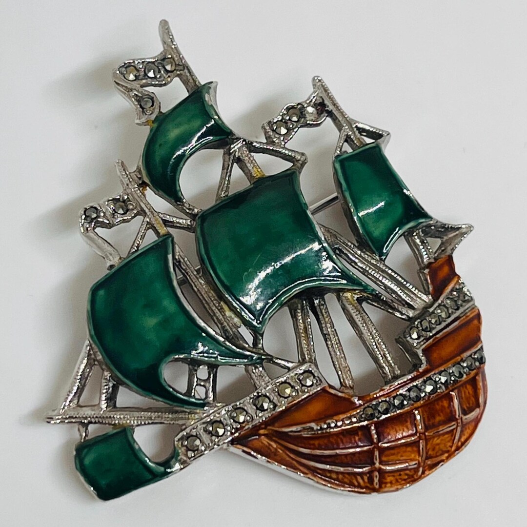 Intriguing Pirate Ship Green + Marcasite Enamel Brooch. Vintage Sloop ...