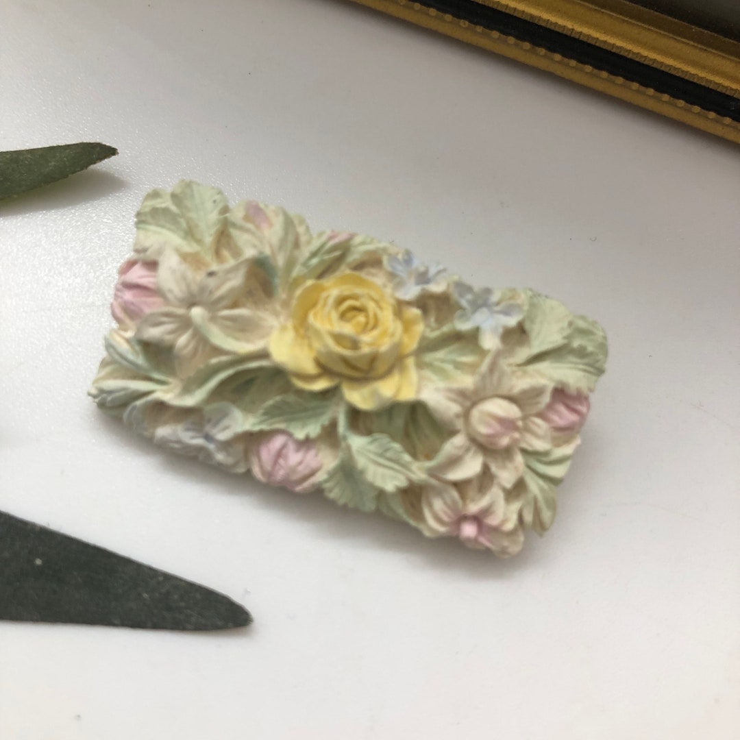 Beautiful Rectangular Ceramic Floral Brooch. Pretty Pastel Colours ...
