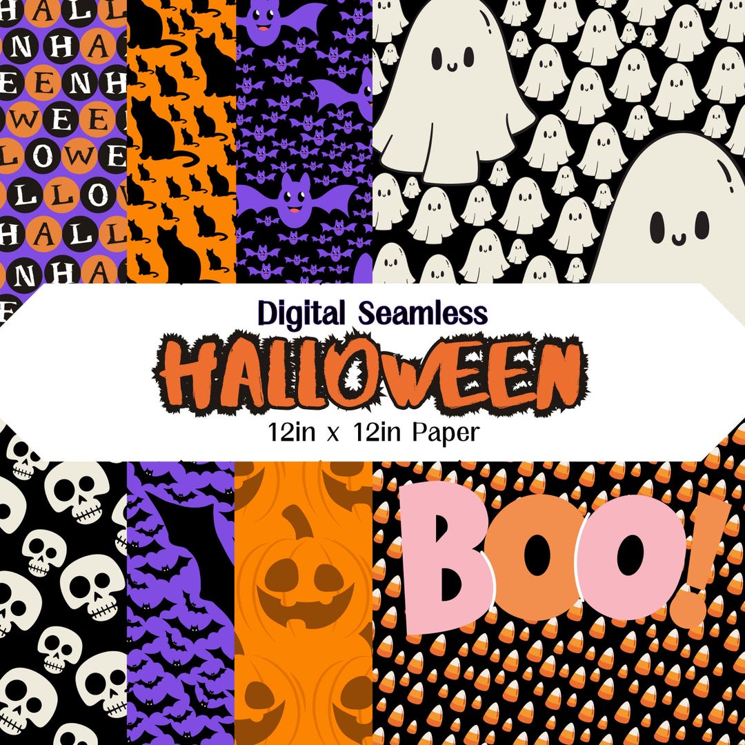 Halloween Bundle Paper Pumpink Bats Ghost Cute Ghost Seamless Printable ...