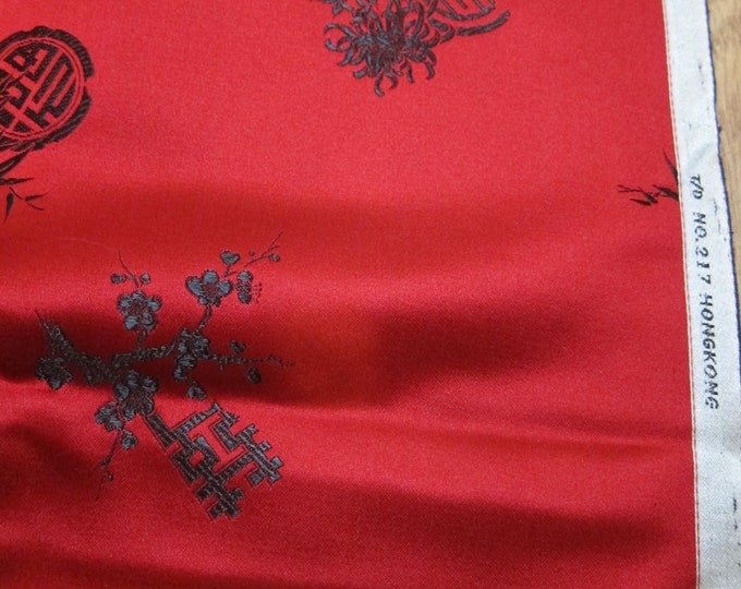 Vintage 1950s Hong Kong Chinese Red Floral Satin Brocade Fabric - 3.47 ...