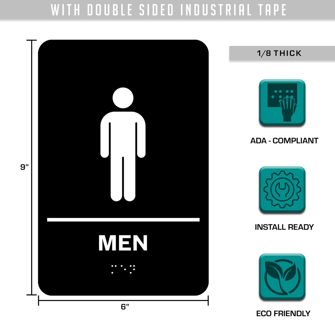 MENS Bathroom/restroom Sign W/ 2 Sided Tape ADA Compliant With Braille ...