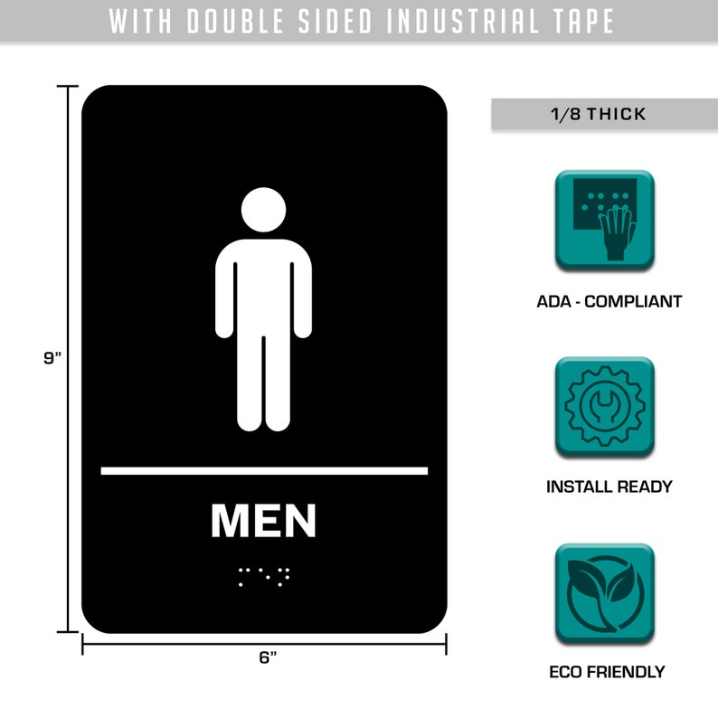 MENS Bathroom/restroom Sign W/ 2 Sided Tape ADA Compliant With Braille ...