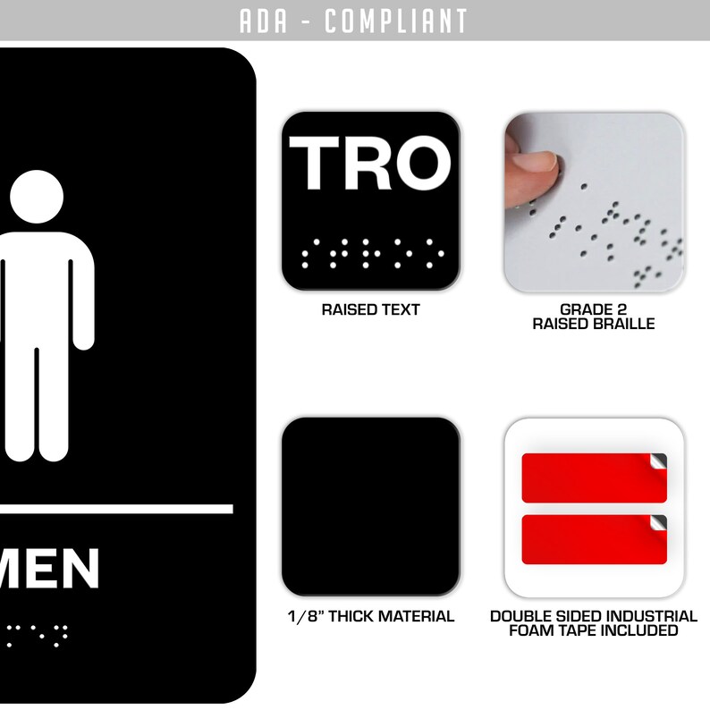 MENS Bathroom/restroom Sign W/ 2 Sided Tape ADA Compliant With Braille ...
