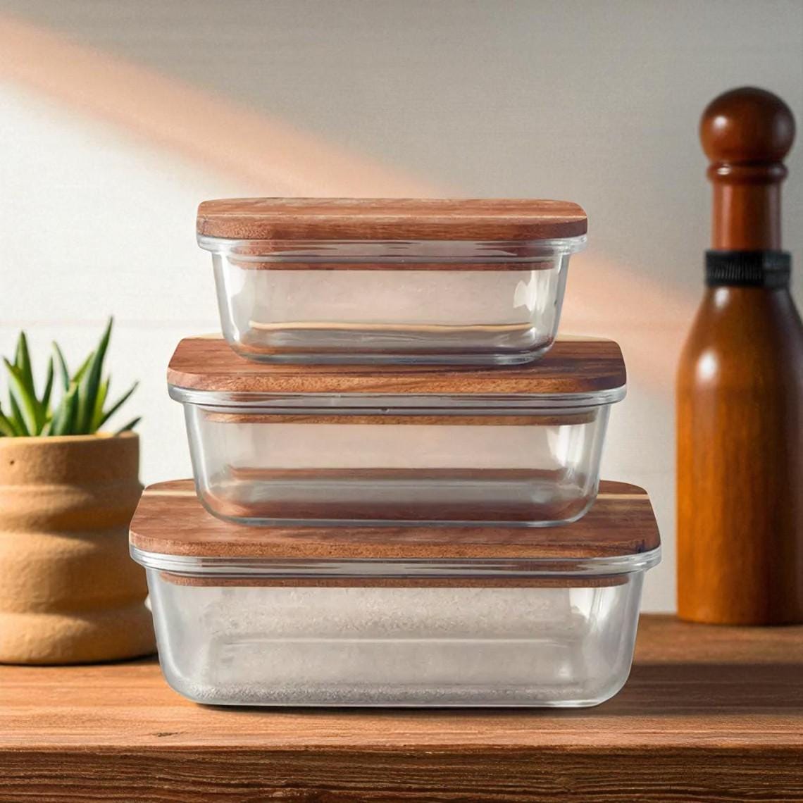 Personalized Glass Food Storage Containers With Acacia Wood Lid - Set ...