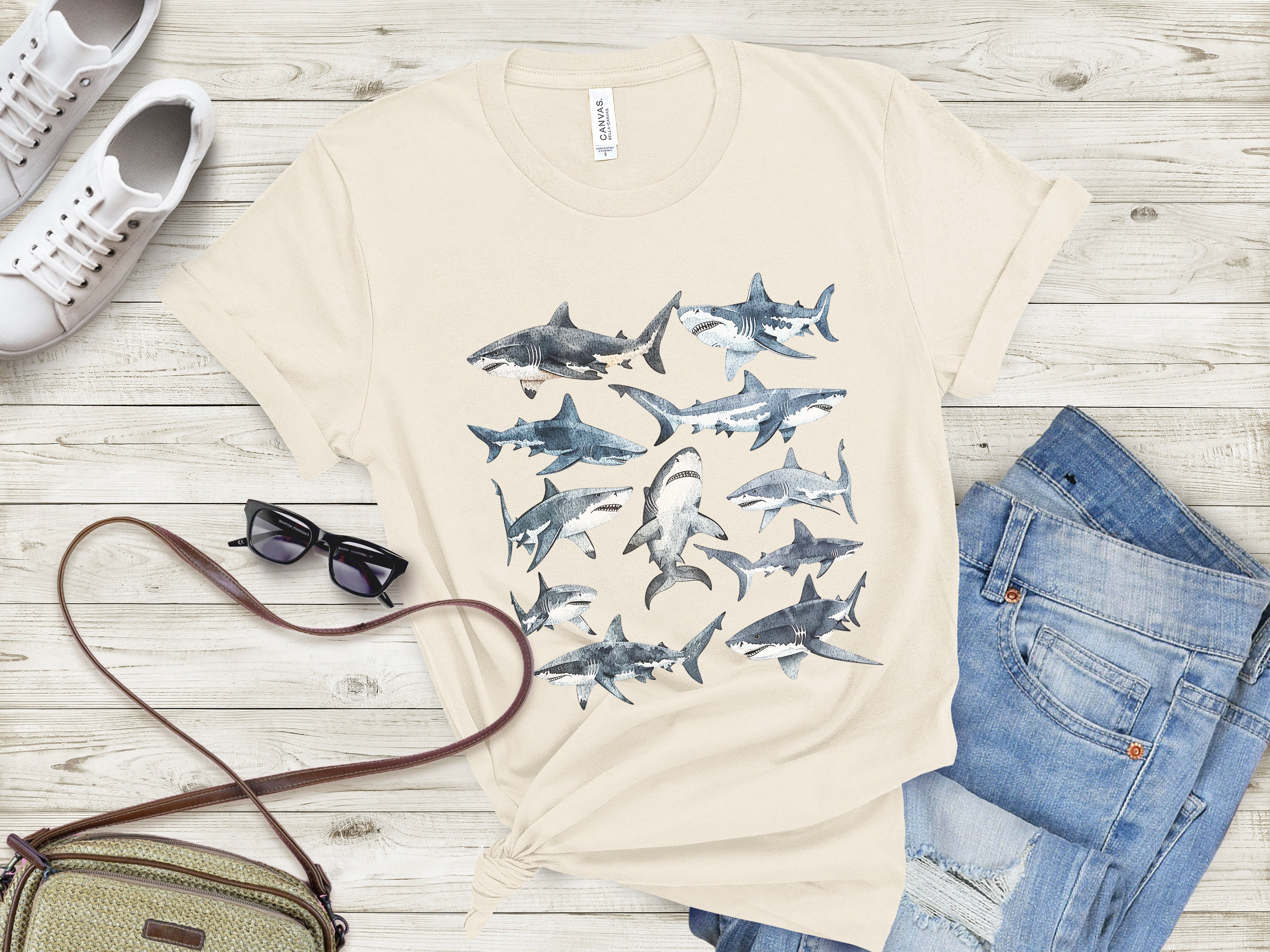 Great White Shark Watercolor Collage Shirt, Ocean Sea Life Lover ...