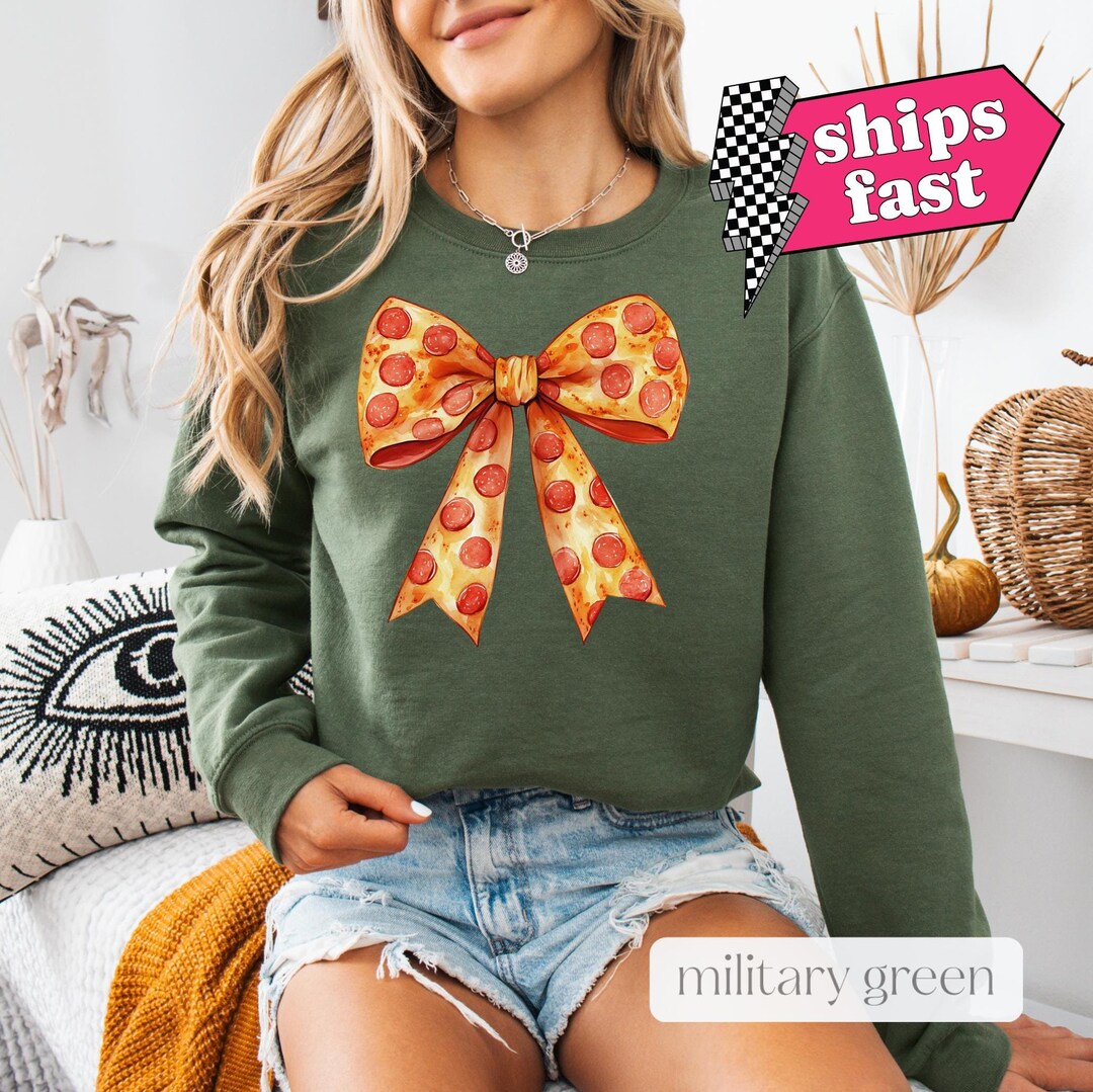 Pepperoni Pizza Slice Coquette Bow Sweatshirt, Cute Pizza Bow Sweater ...