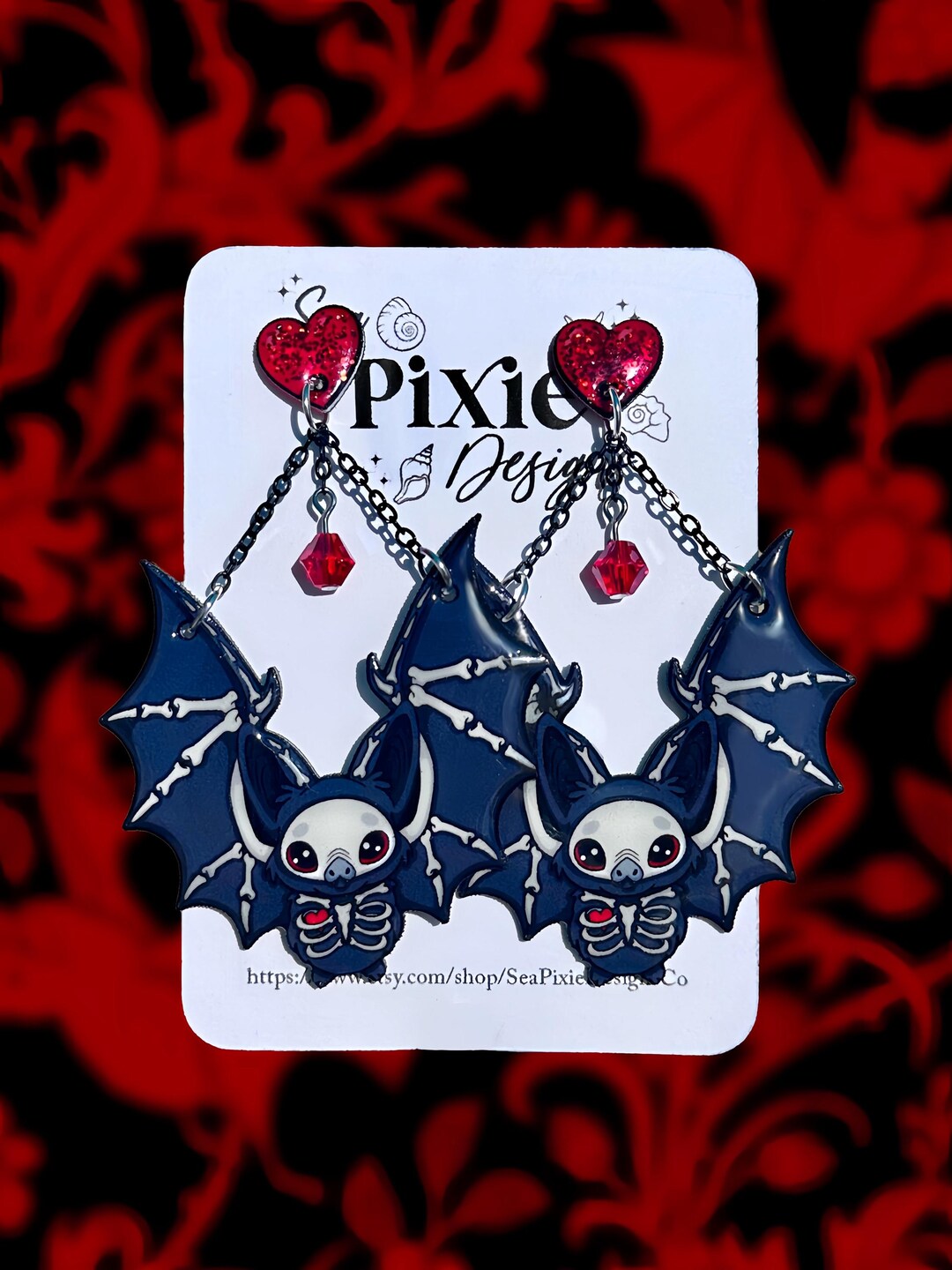 Skeleton Heart Glitter Bat Halloween Dangle Earrings, Glitter Fall ...