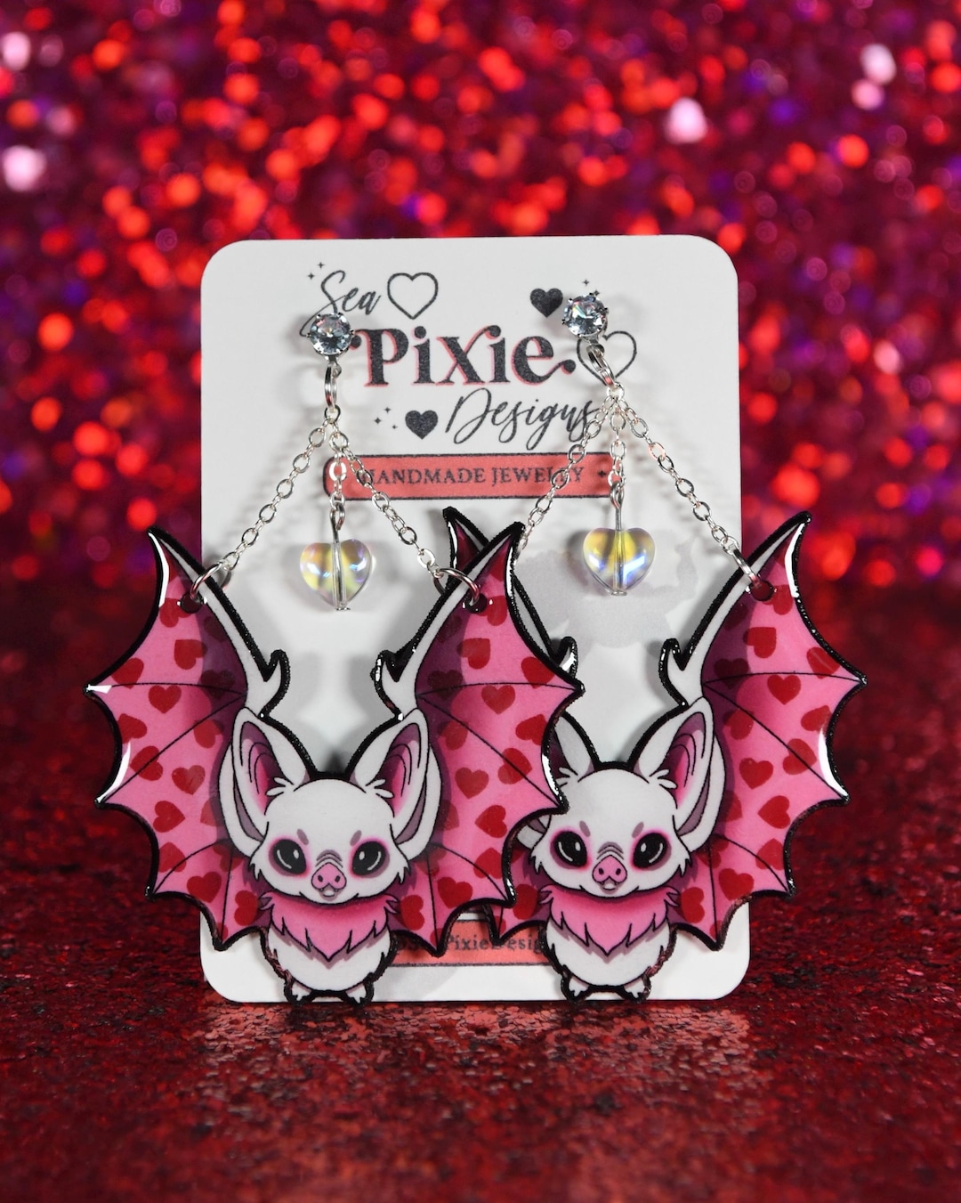 Heart Pattern Pink Bats Resin & Shrink Plastic Valentines Day Earrings ...