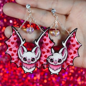 Heart Pattern Pink Bats Resin & Shrink Plastic Valentines Day Earrings ...