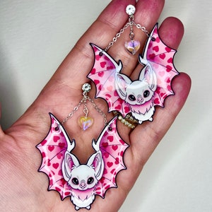 Heart Pattern Pink Bats Resin & Shrink Plastic Valentines Day Earrings ...