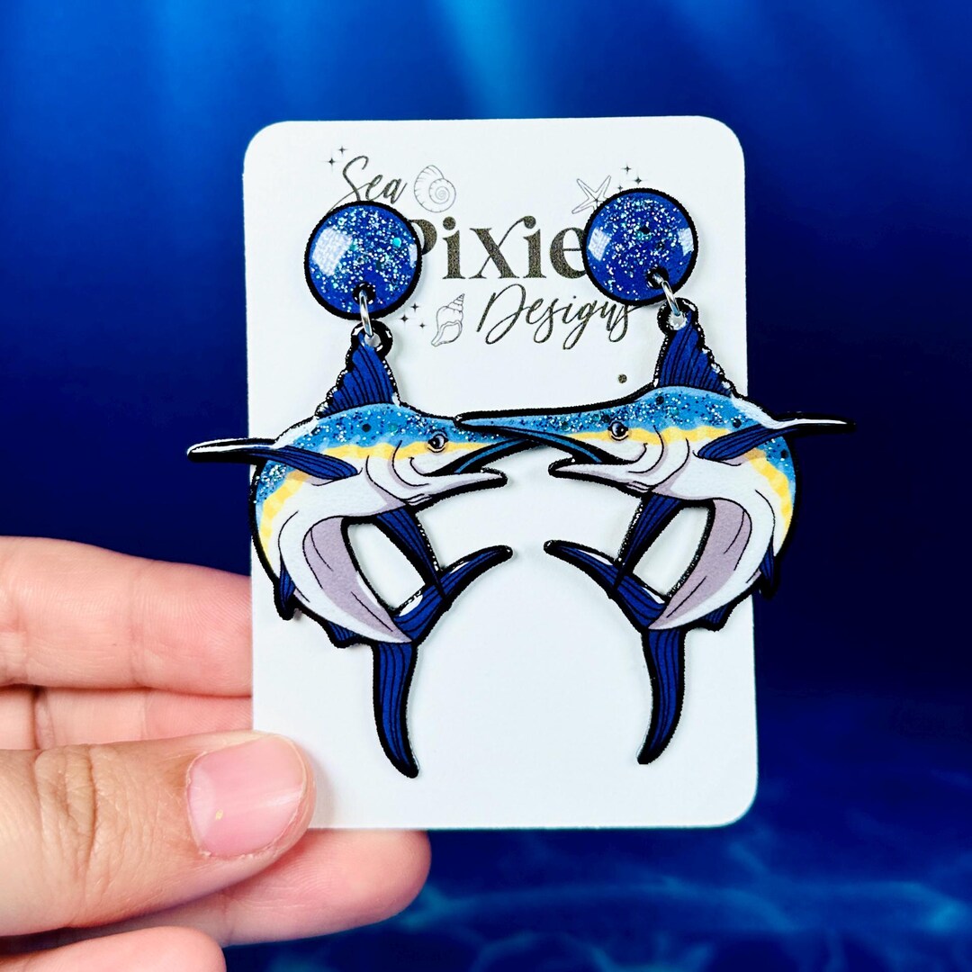 Glittery Marlin Swordfish Dangle Earrings, Lightweight, Gifts for Her ...